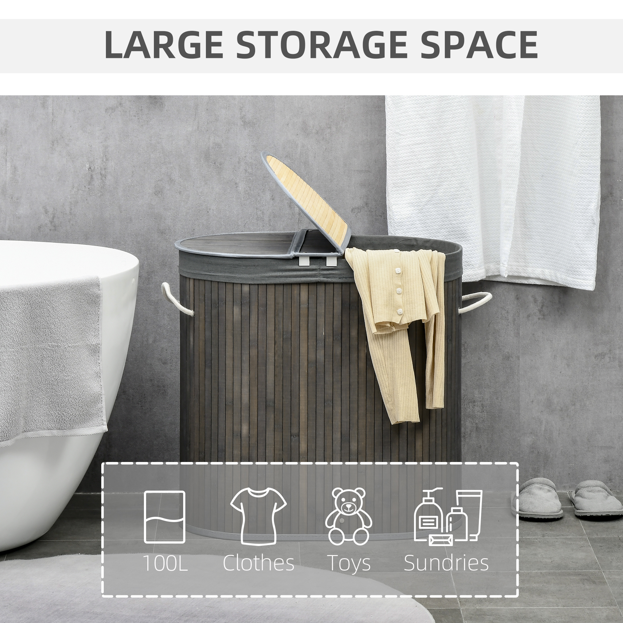 HOMCOM Bamboo Laundry Basket with Lid, 100 Litres Laundry Hamper with 2 ...