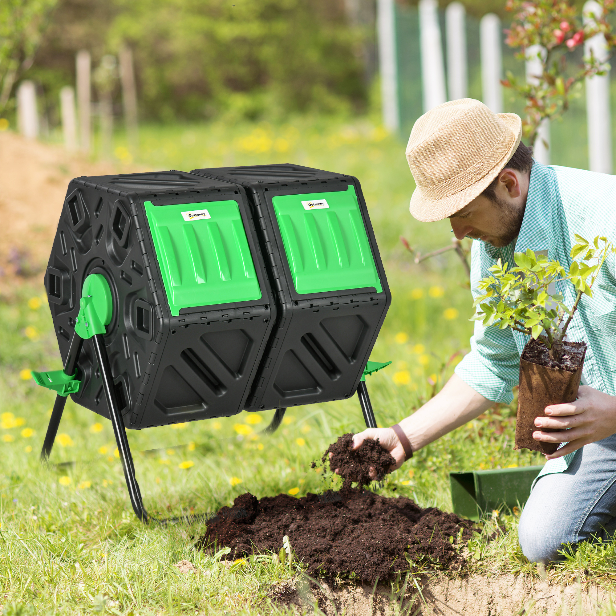 Outsunny 130L Double Chamber Composter - Black - Furnedo