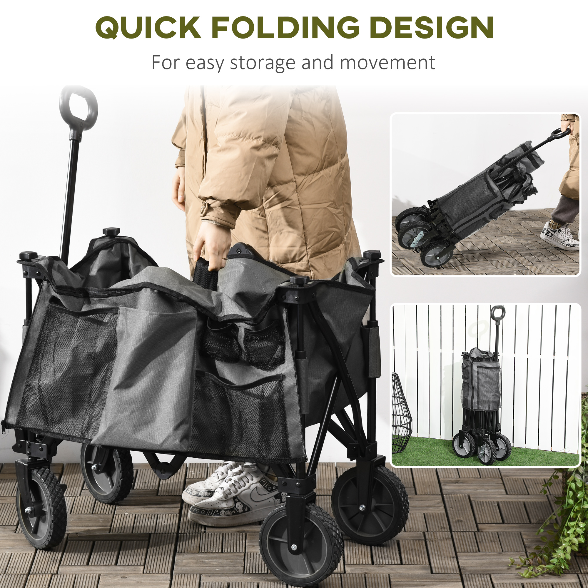 Outsunny Garden Trolley, Cargo Traile on Wheels, Folding Collapsible ...