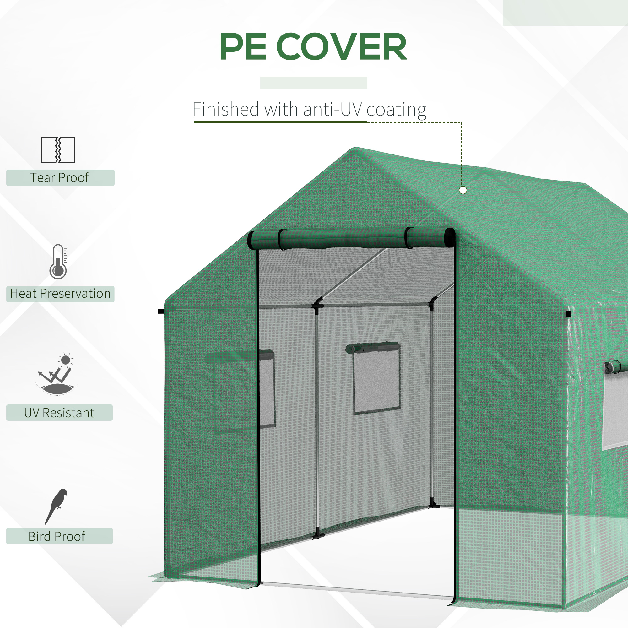 Outsunny Polyethylene Walk-in Polytunnel Greenhouse, 2 x 3(m), Green ...