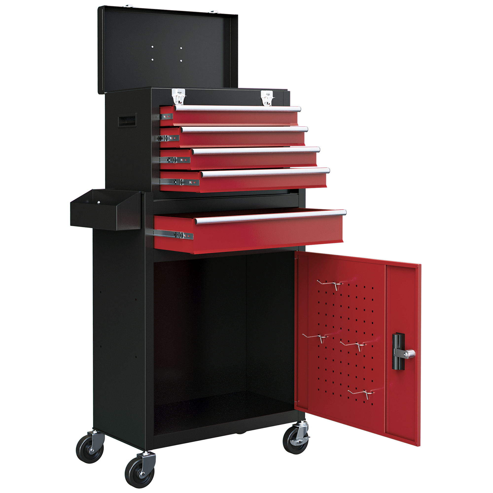 HOMCOM Two-Part Tool Storage Chest on Wheels - Black/Red - Furnedo