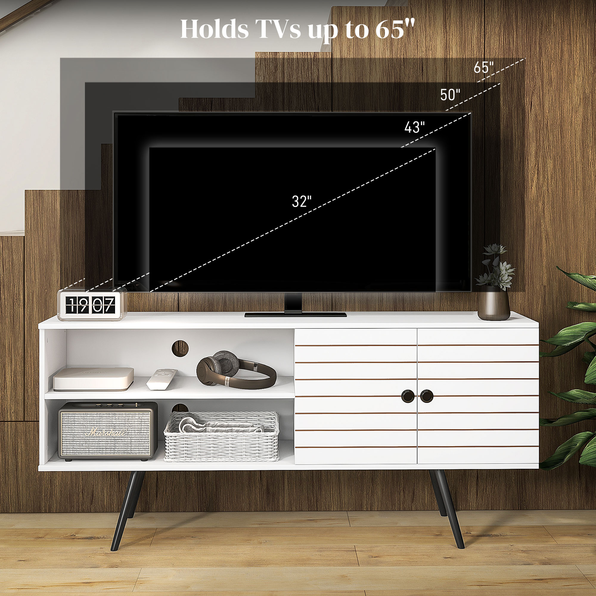 HOMCOM TV Stand with Cupboard, Open Shelves, Striped Doors, Wooden legs ...