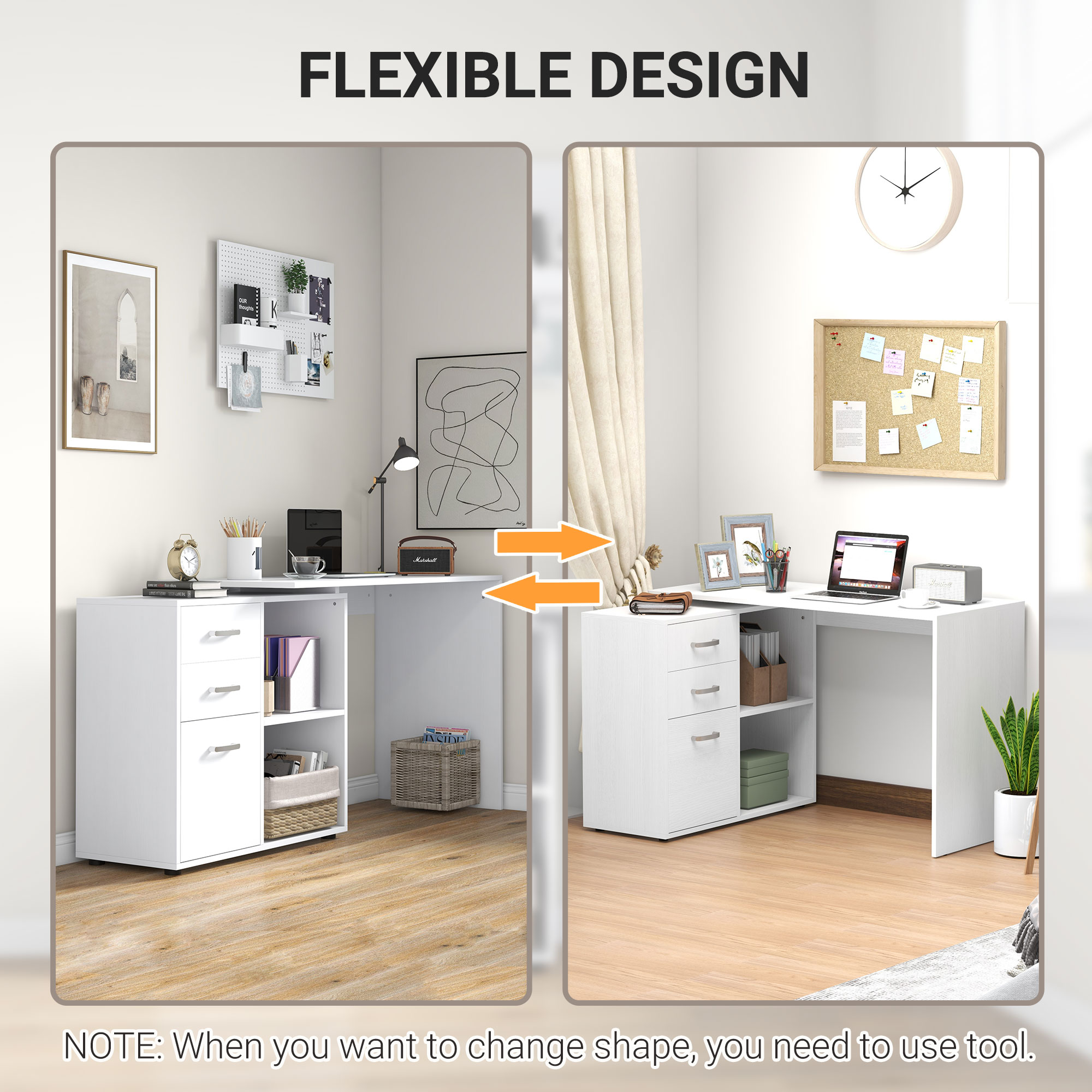 HOMCOM L Shaped Computer Desk, Reversible Home Office Desk with Drawers ...