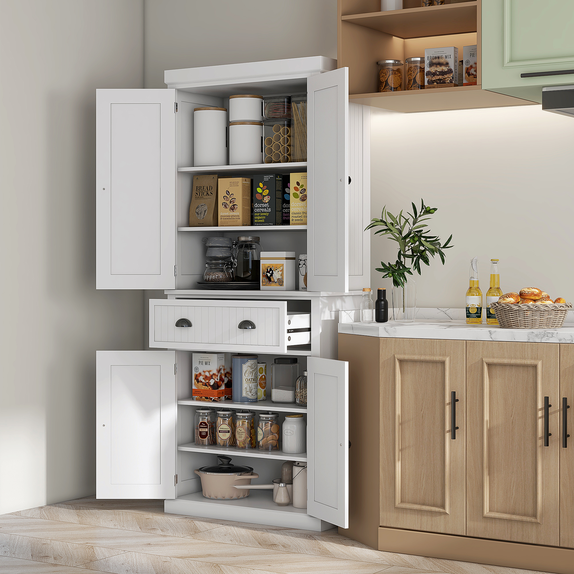 HOMCOM Freestanding Multi-Storage Kitchen Cabinet - White - Furnedo