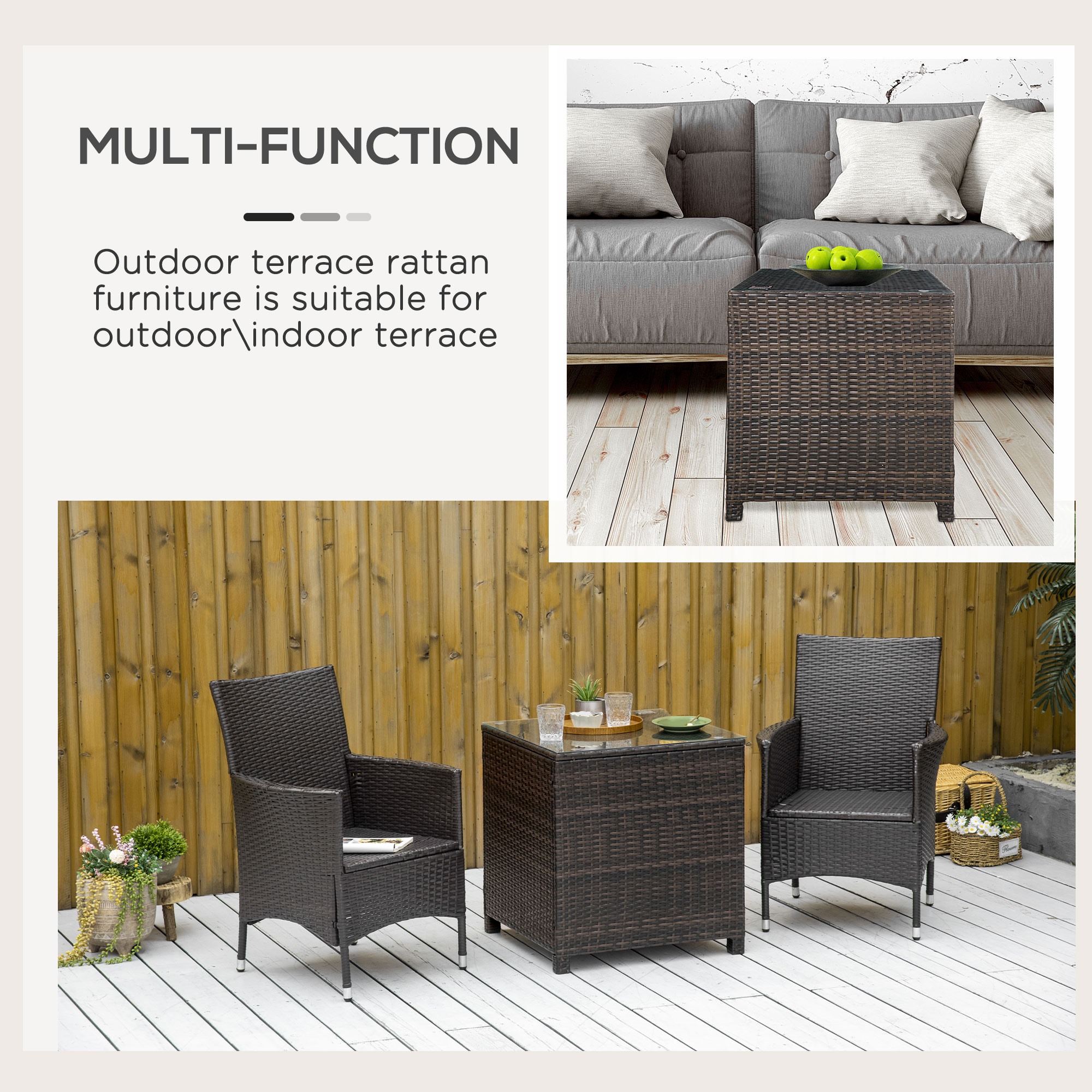 Outsunny Rattan Garden Furniture Side Table Patio Frame Tempered Glass ...