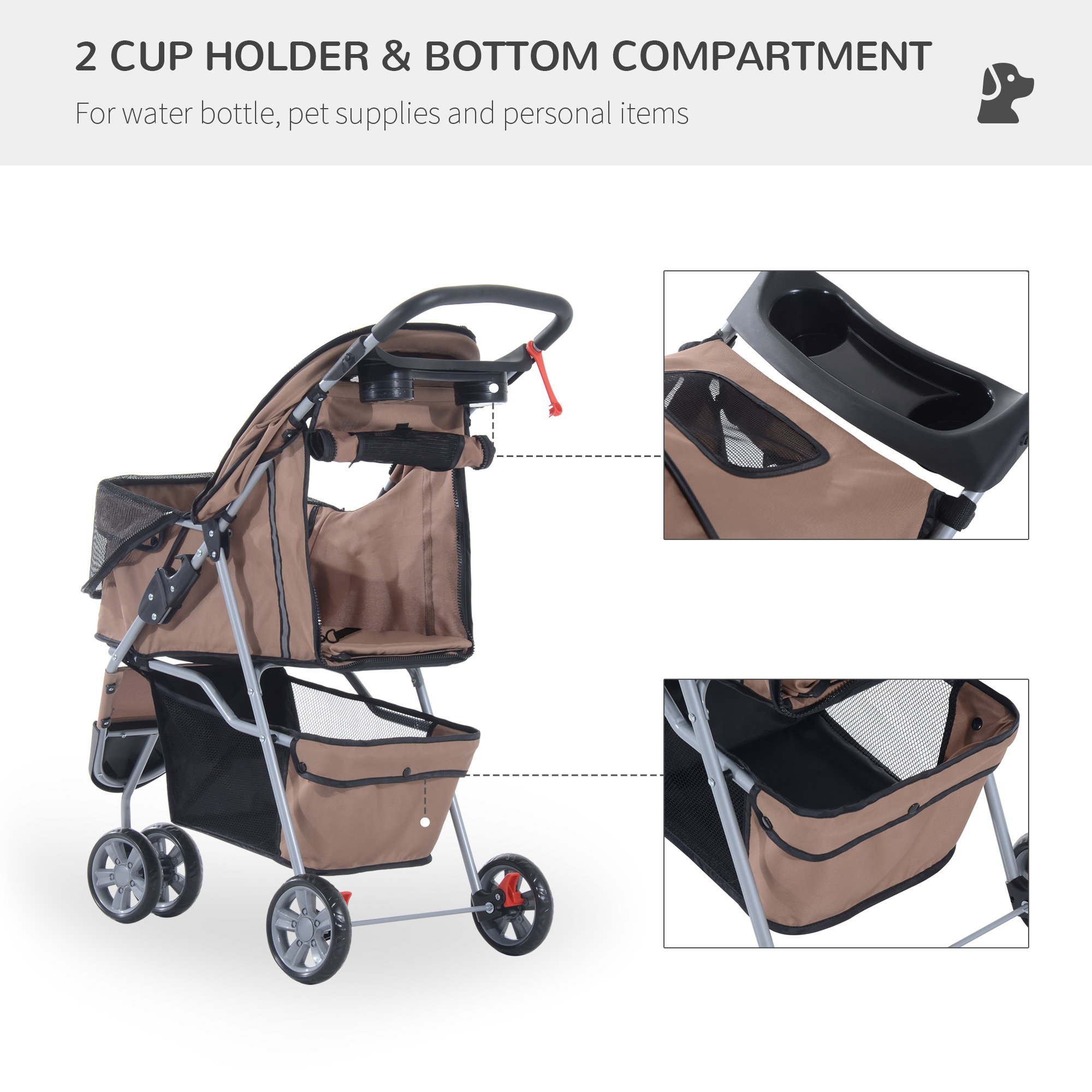 PawHut Dog Stroller, 3 Wheels Foldable Cat Dog Pram with Cup Holder ...