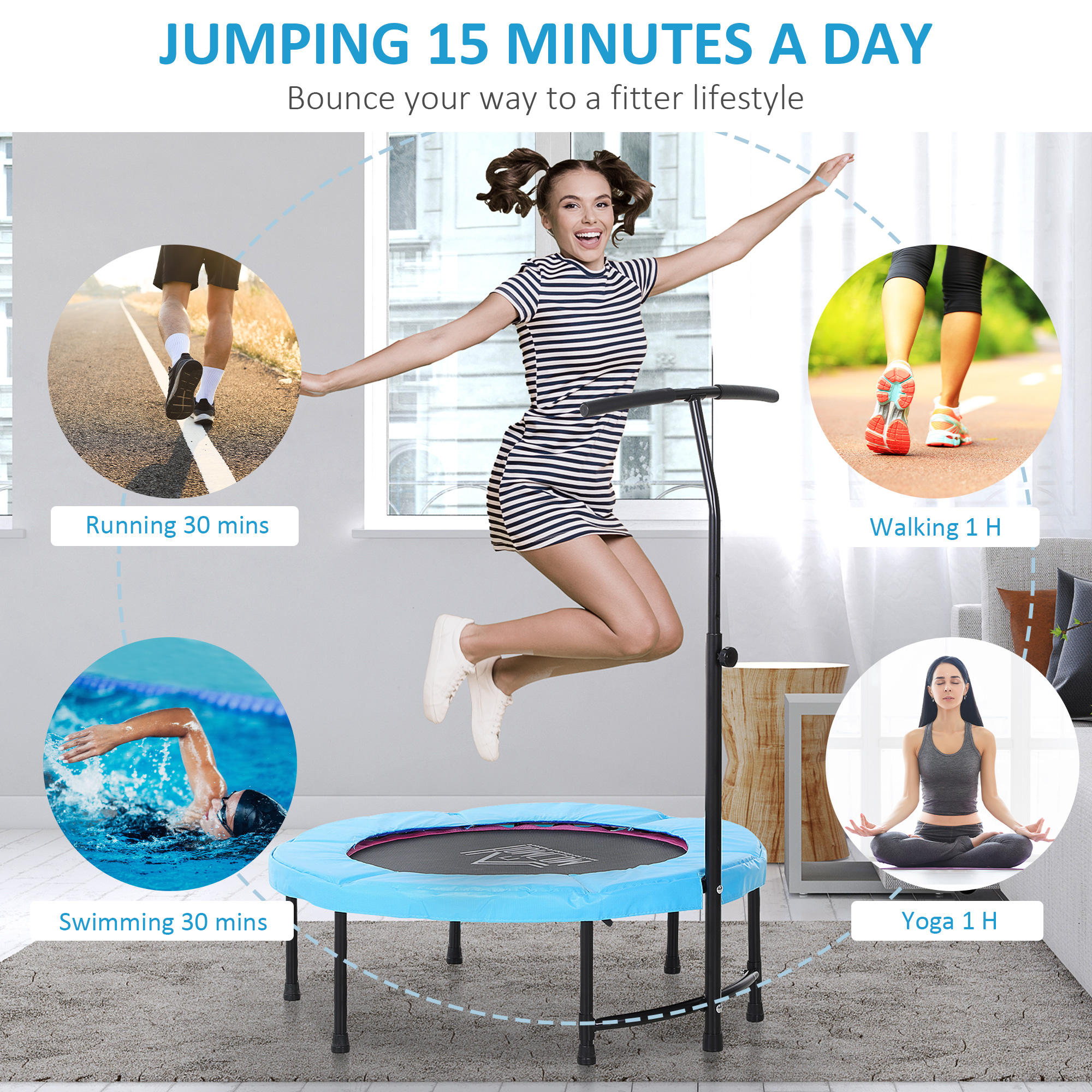 HOMCOM 40'' Fitness Trampoline with Adjustable Handle, Rebounder ...