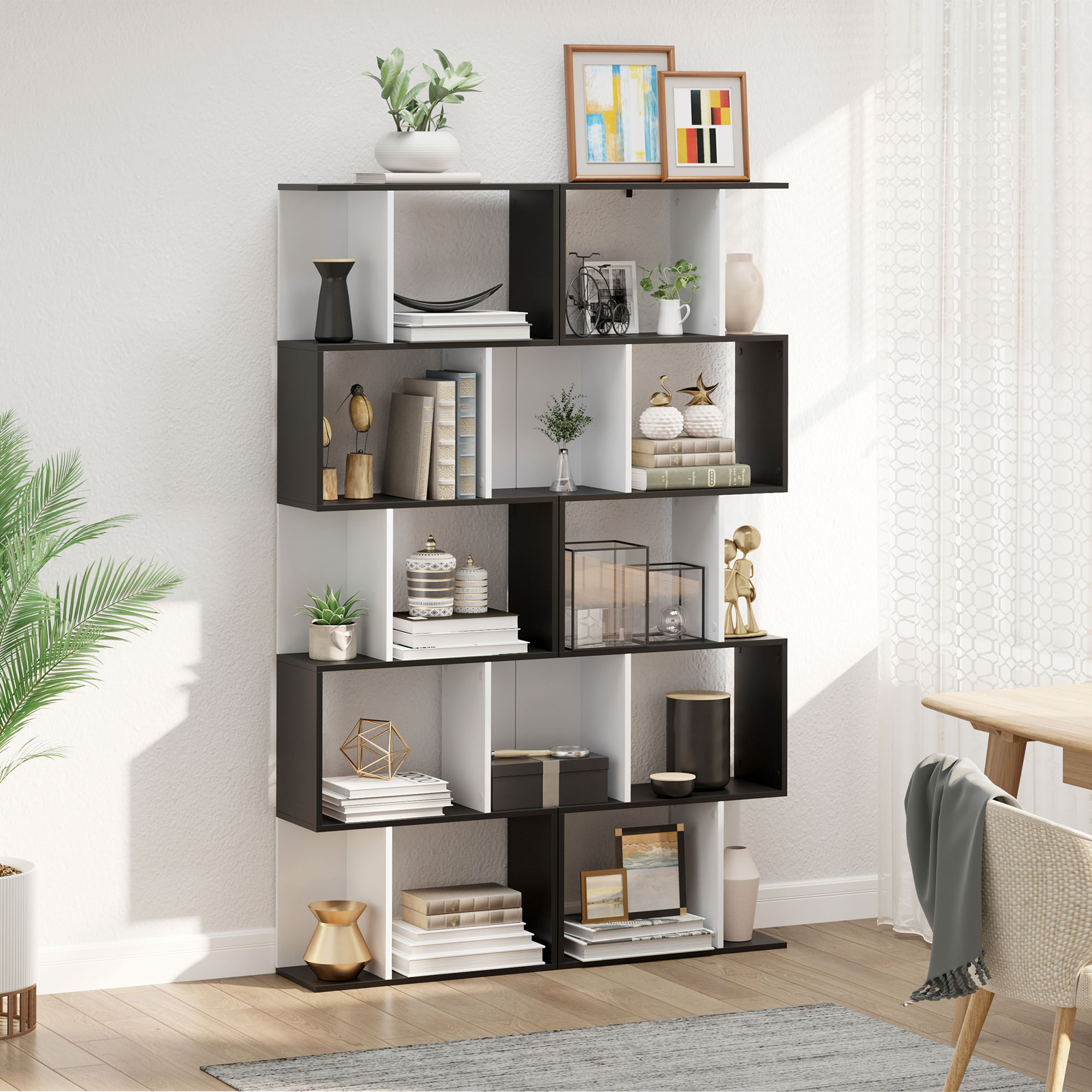 HOMCOM Bookcase, S-Shaped Wooden Bookshelf, 5/6 Tiers Freestanding ...