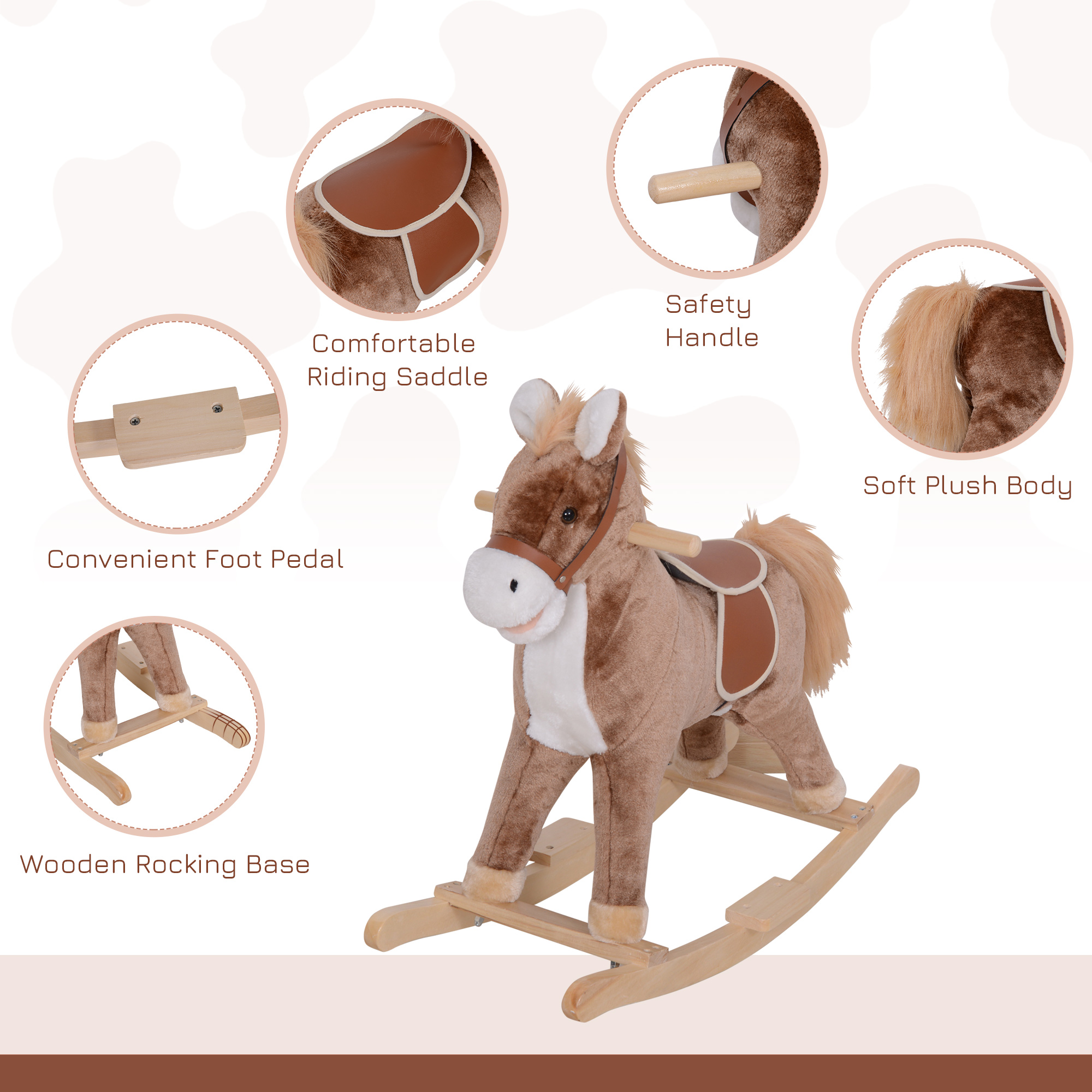 HOMCOM Kids Children Plush Rocking Horse Wooden Base Ride On Toy Rocker ...